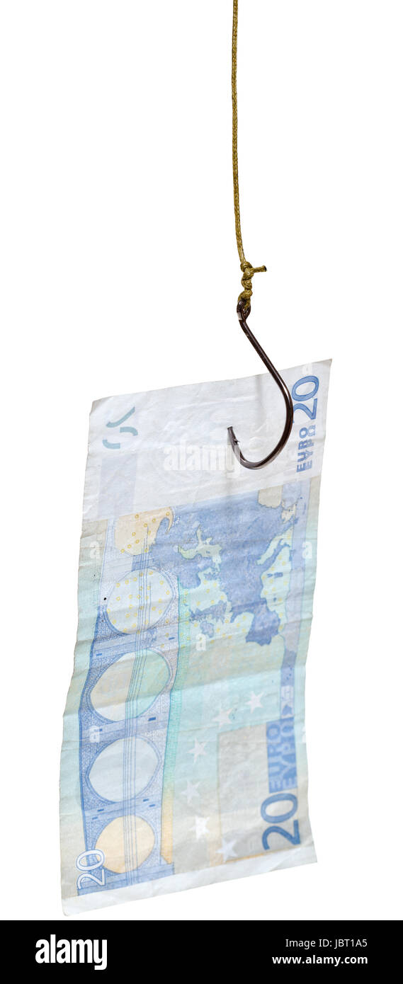 fishing with 20 euro banknote lure on fishhook isolated on white ...