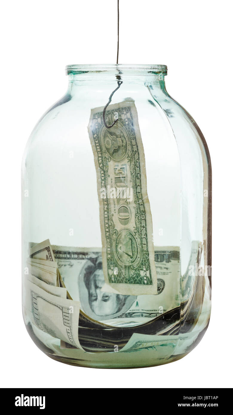 fishing out dollars banknote from glass jar isolated on white ...