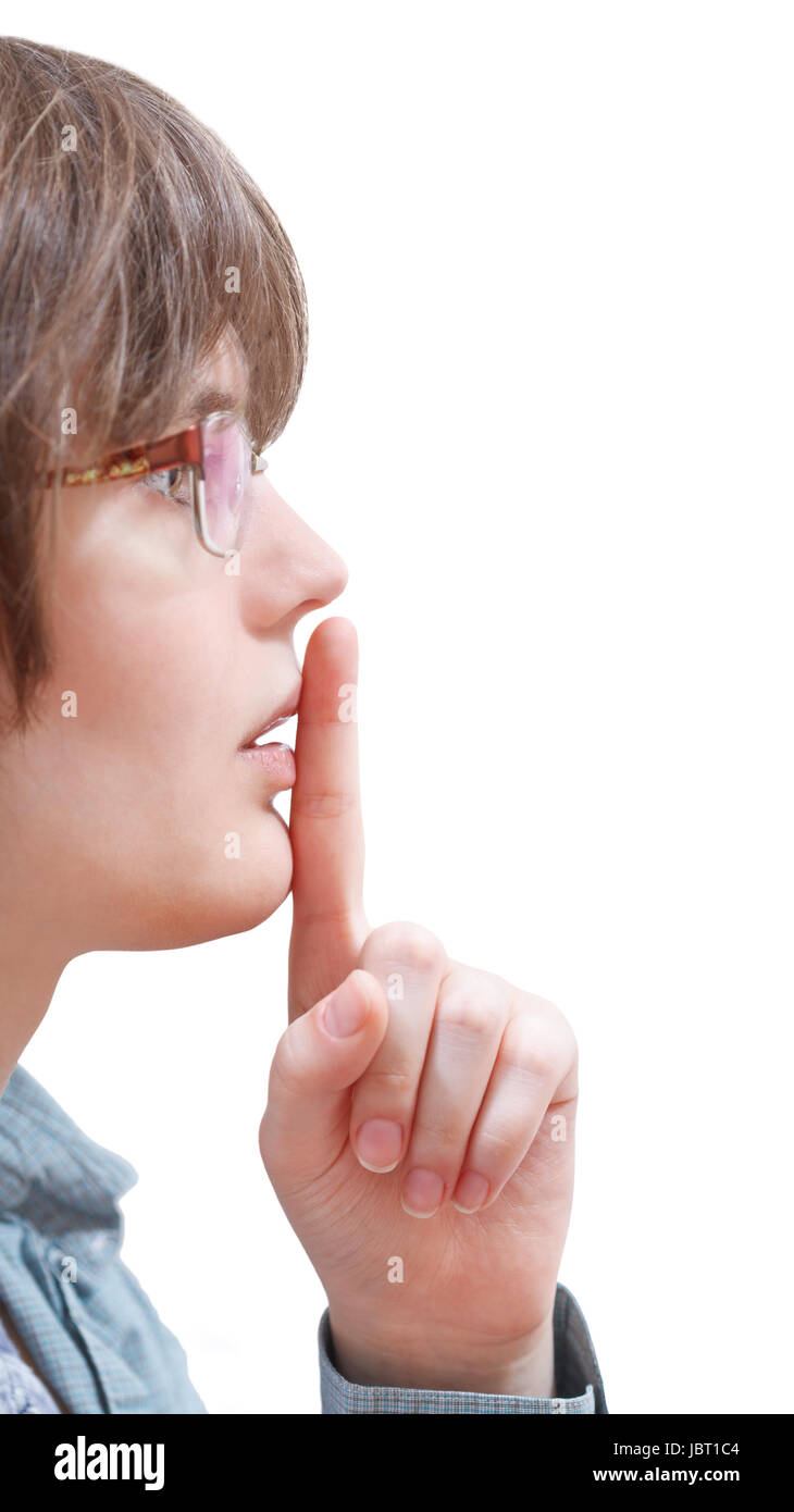 finger near lips - silence hand gesture isolated on white background ...