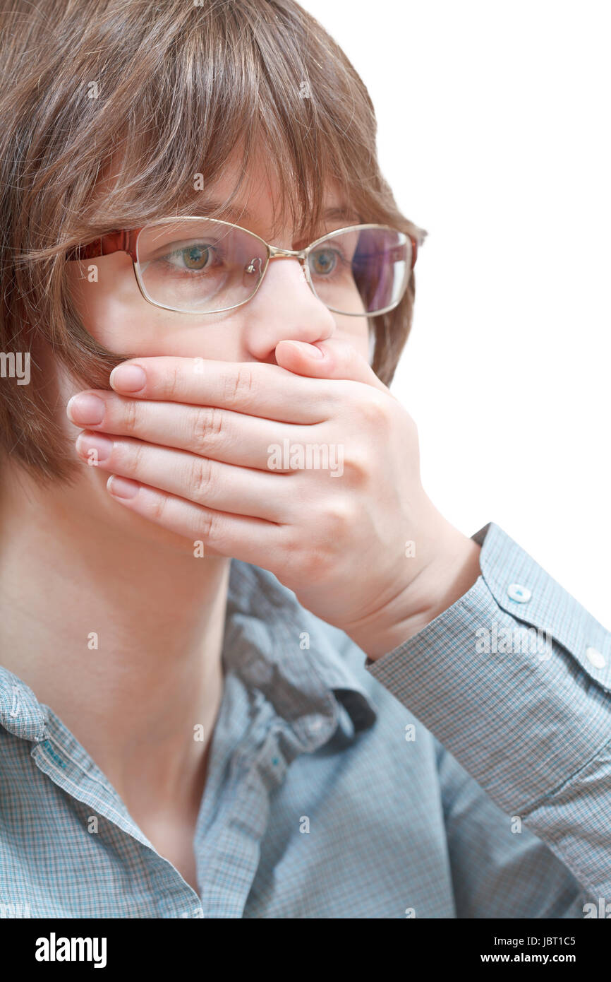 hand closing mouth - hand gesture isolated on white background Stock ...