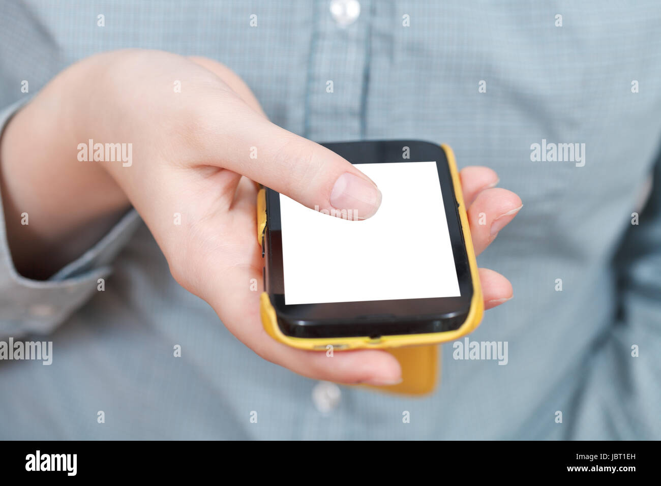 mobile phone with cut out screen in female hand Stock Photo - Alamy