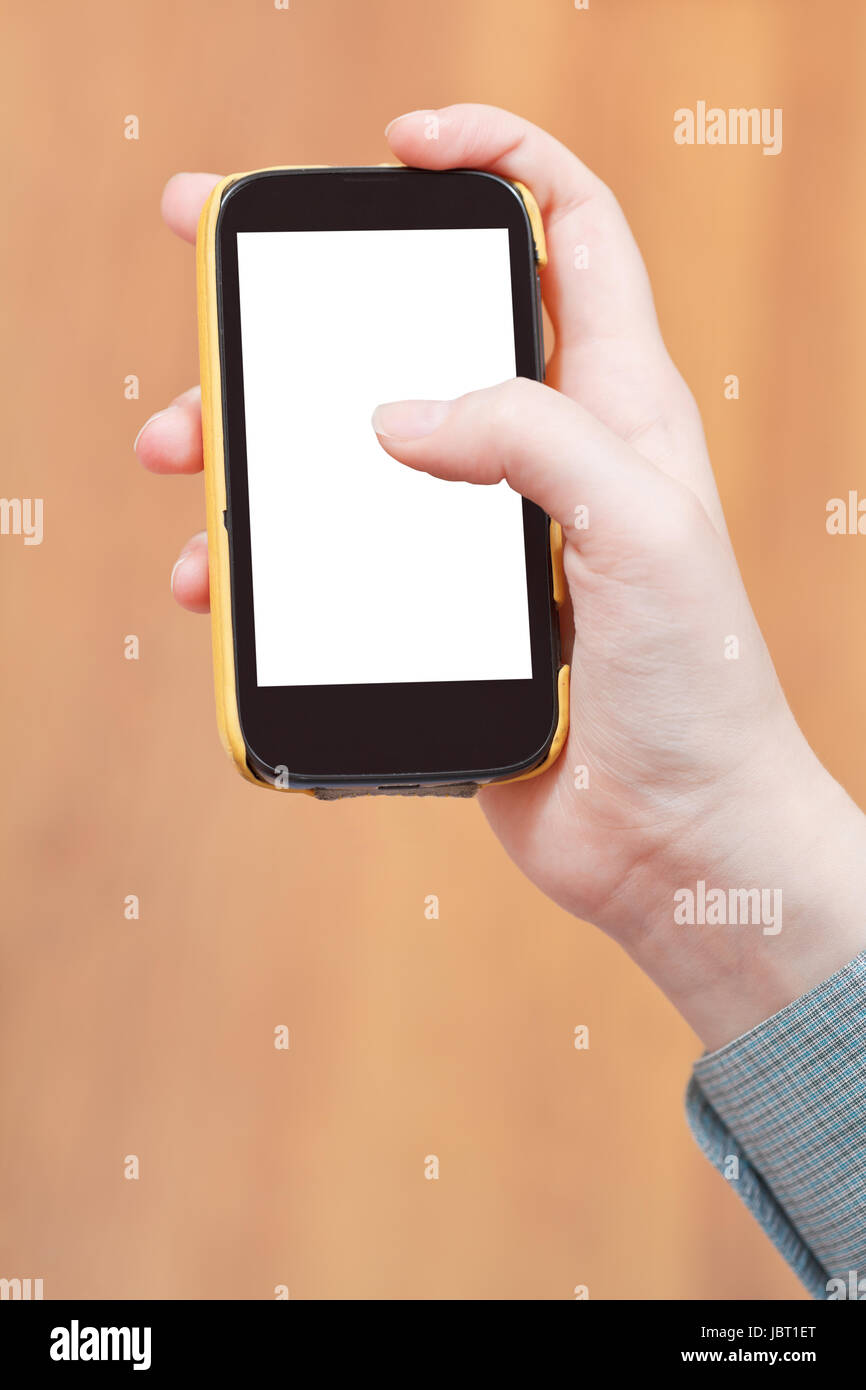 cut out screen of mobile phone in female hand Stock Photo - Alamy