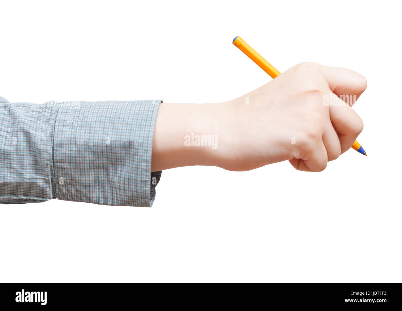 side view of hand writes by yellow pen isolated on white background ...