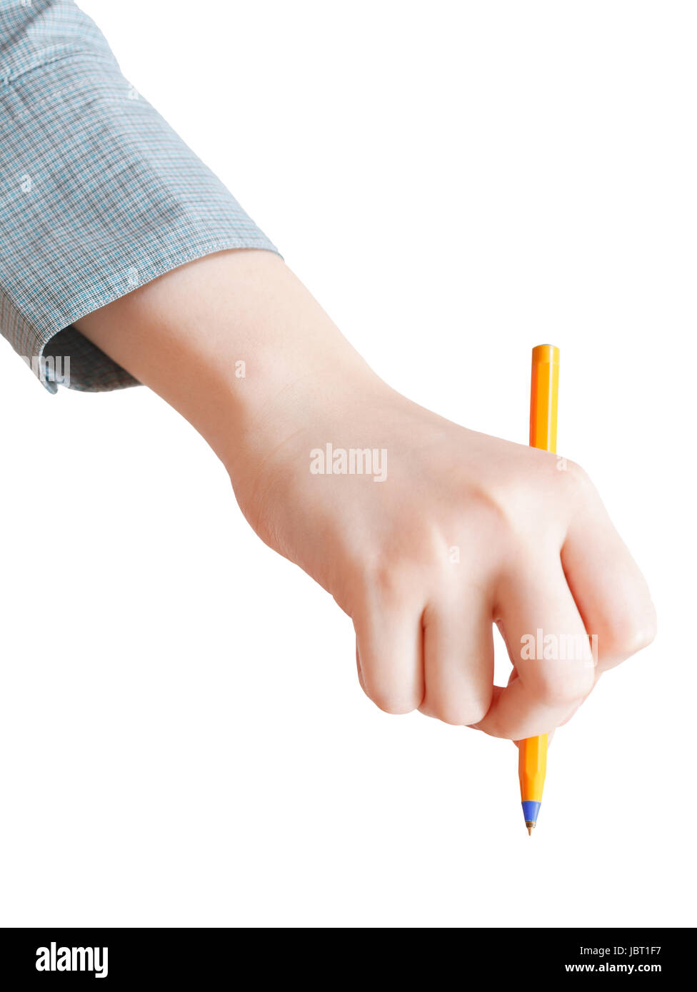 female hand writing by yellow pen isolated on white background Stock ...