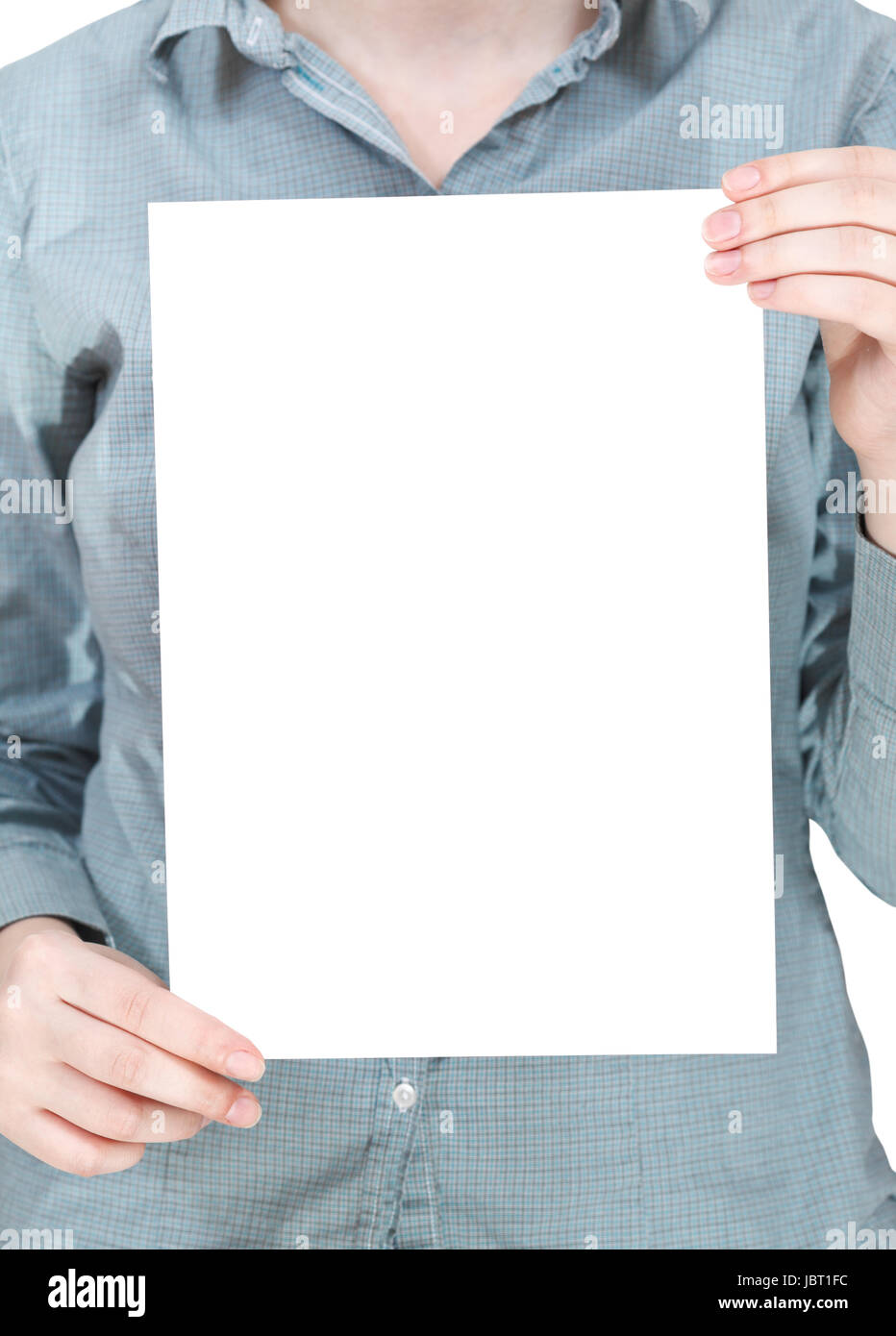 white sheet of paper in female hands isolated on white background Stock ...