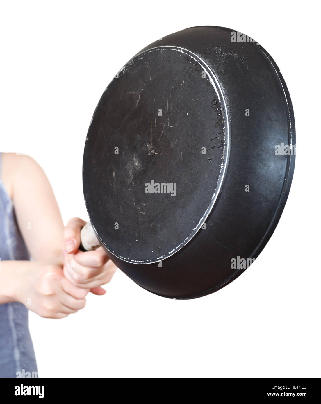 frying pan in female hands close up isolated on white background Stock ...