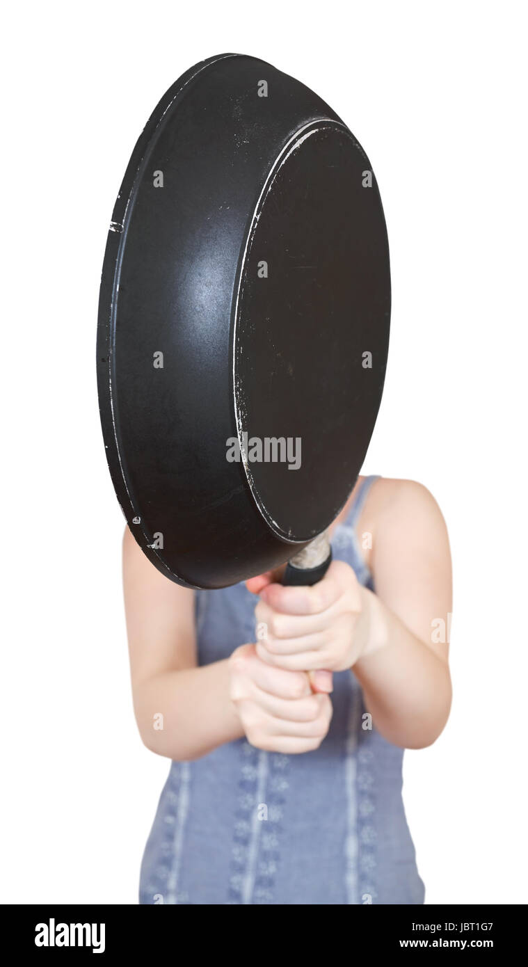 woman with frying pan close up isolated on white background Stock Photo ...
