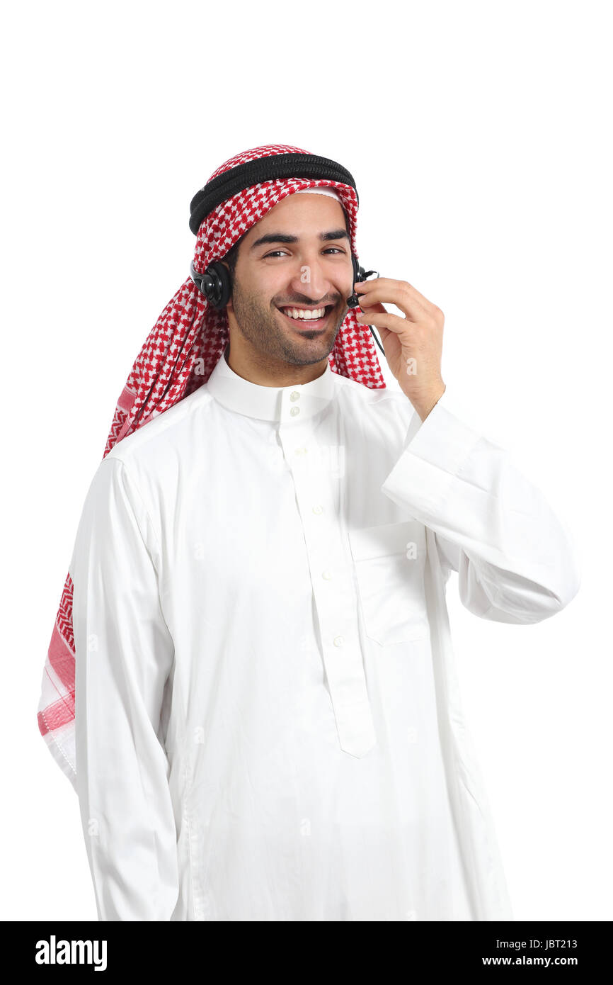 Arab saudi operator man working with free hands headset on the phone ...