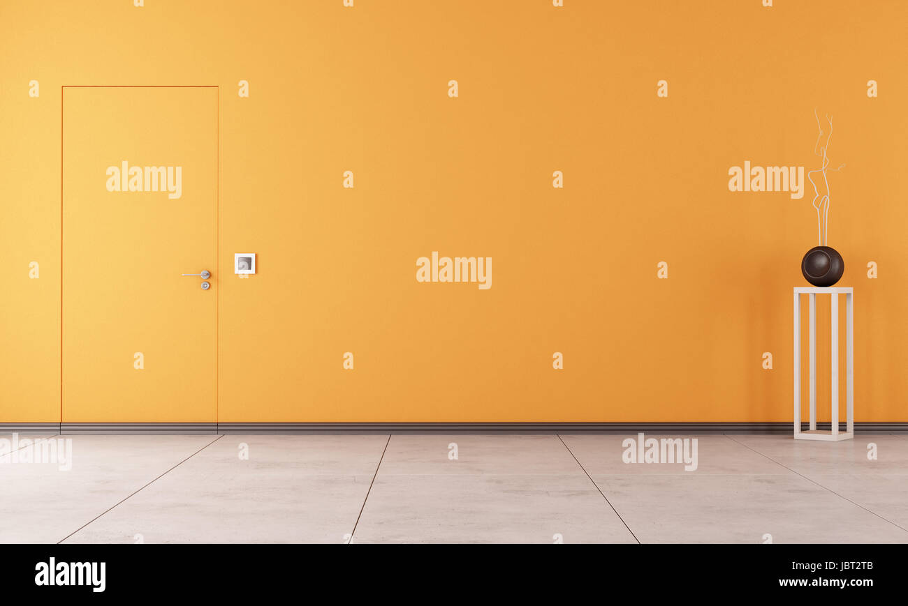 Doors flush with the wall in a empty orange room - rendering Stock ...