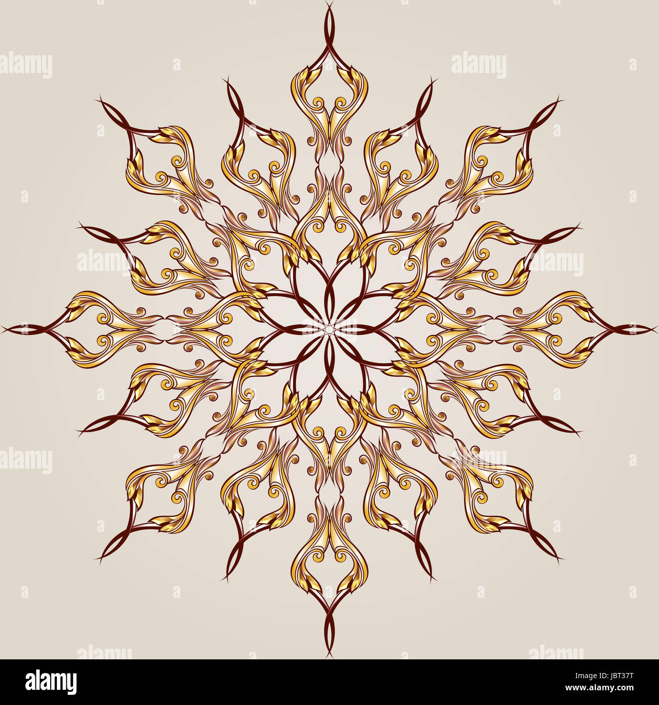 Flower round pattern of brown and gold henna on beige background Stock ...