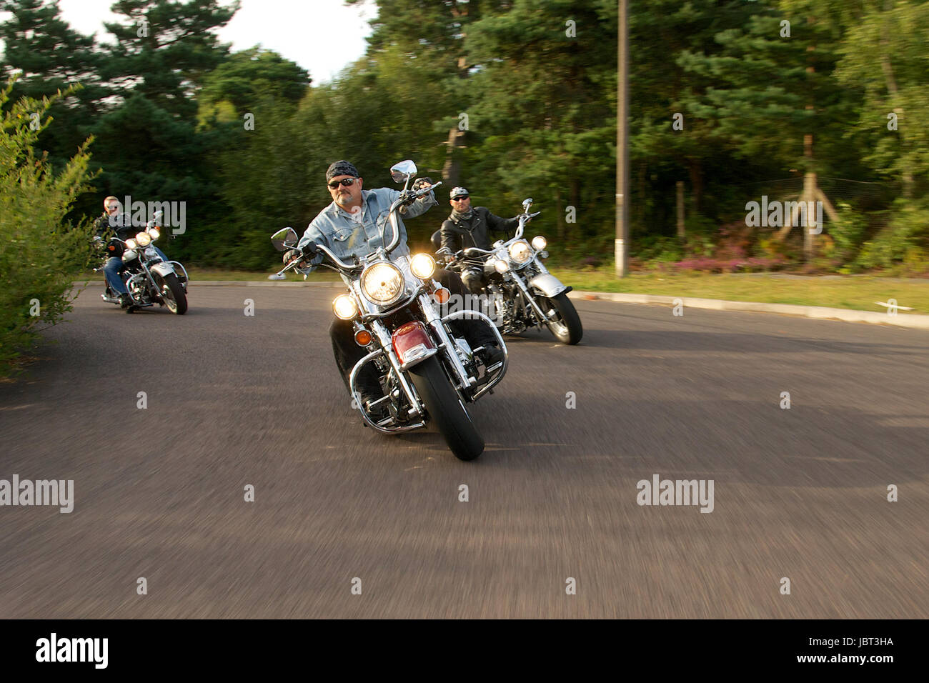 A group of Harley Davidson motorcycles and riders on the road with ...