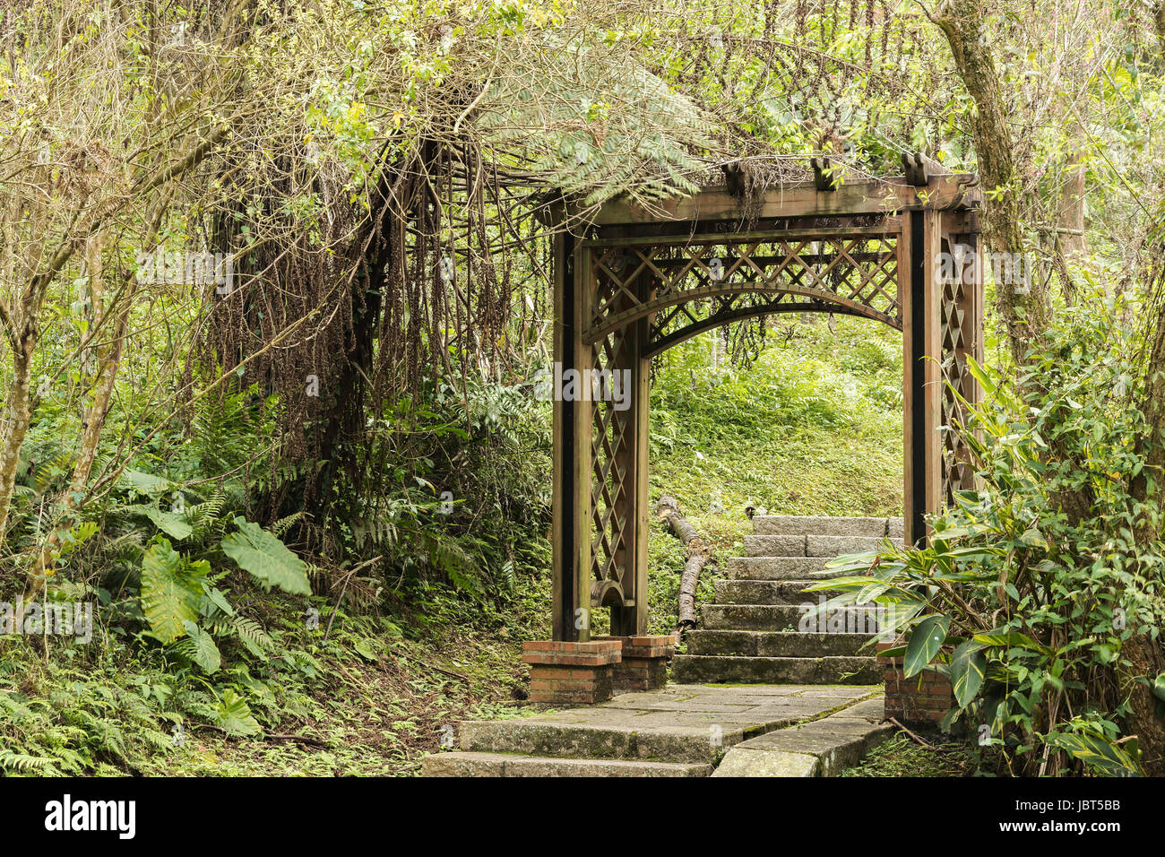 Wooden gate door in the forest at Sun Moon Lake lakeside trail, Taiwan ...