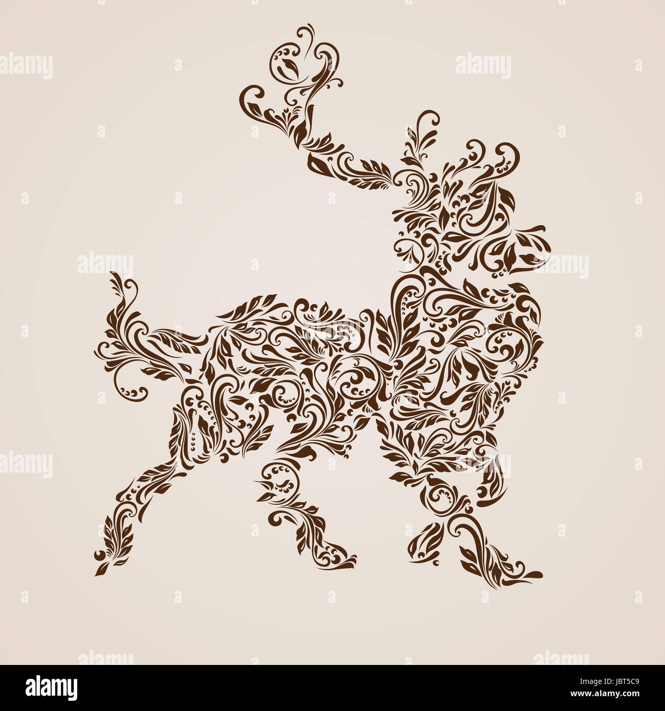 Floral pattern of vines in the shape of a deer on a beige background ...