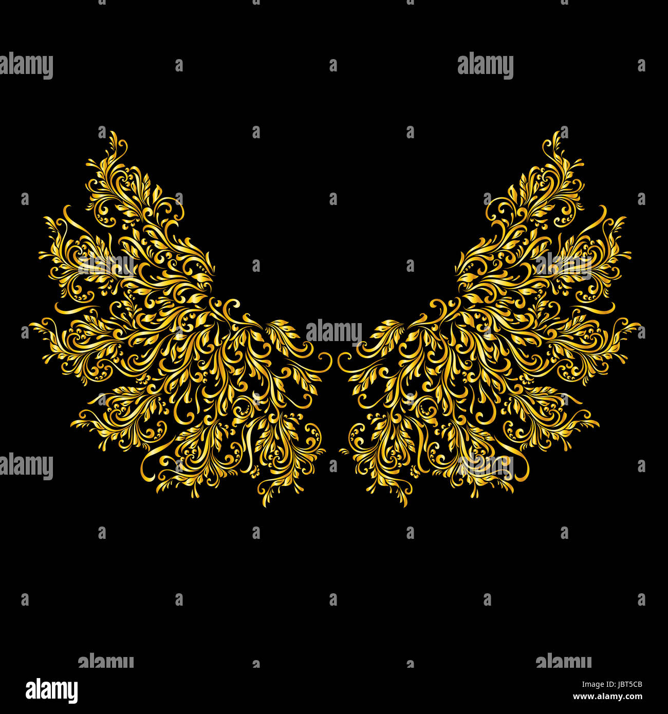 Floral gold pattern of vines in the shape of a wings on a black ...