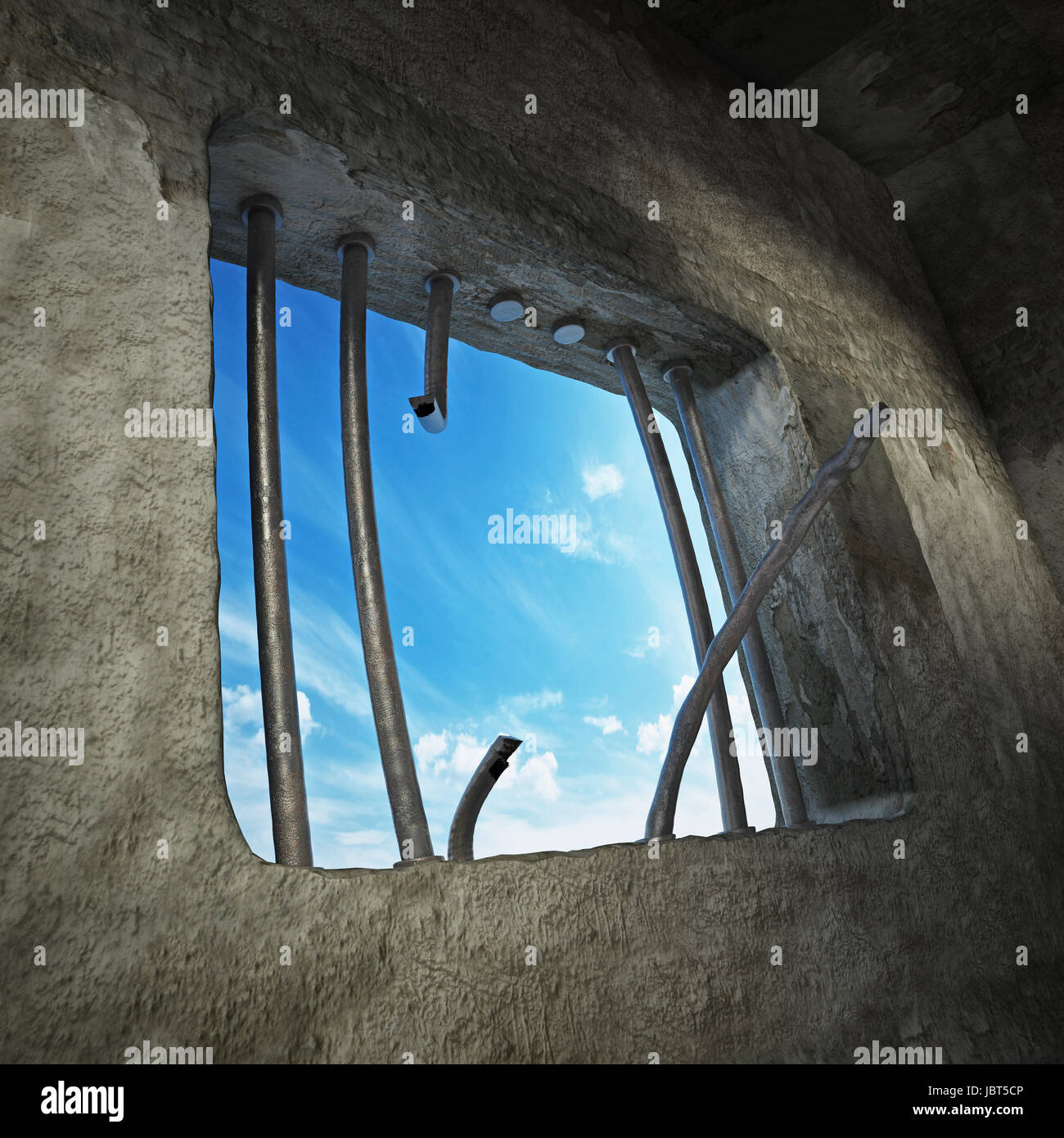 Prison cell with broken prison bars on the window. 3D illustration ...