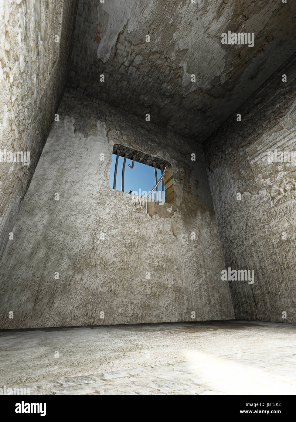 Prison cell with broken prison bars on the window. 3D illustration ...