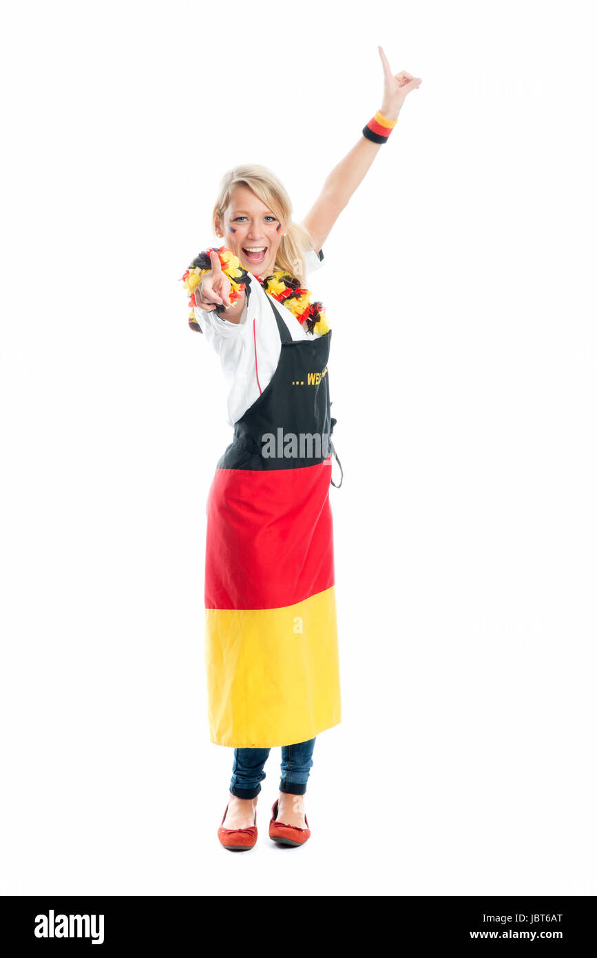 cheering blond football fan with fan apron Stock Photo - Alamy
