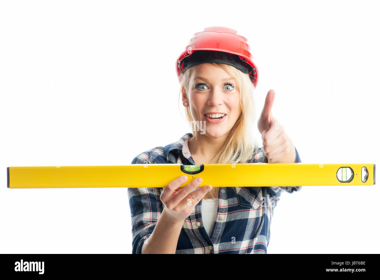blonde woman with spirit level Stock Photo - Alamy