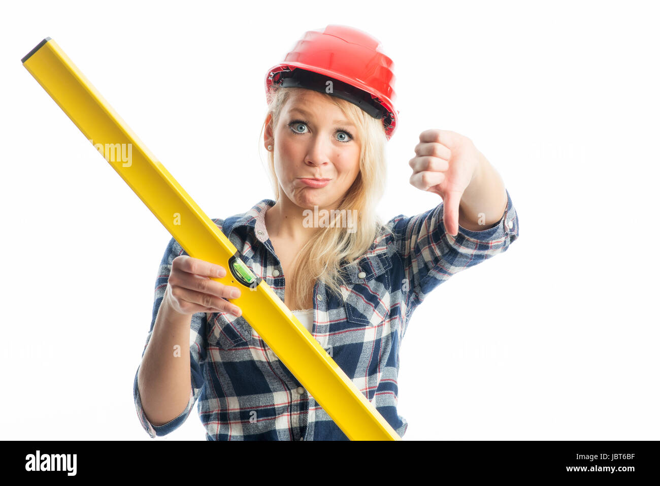 blonde woman with spirit level Stock Photo - Alamy
