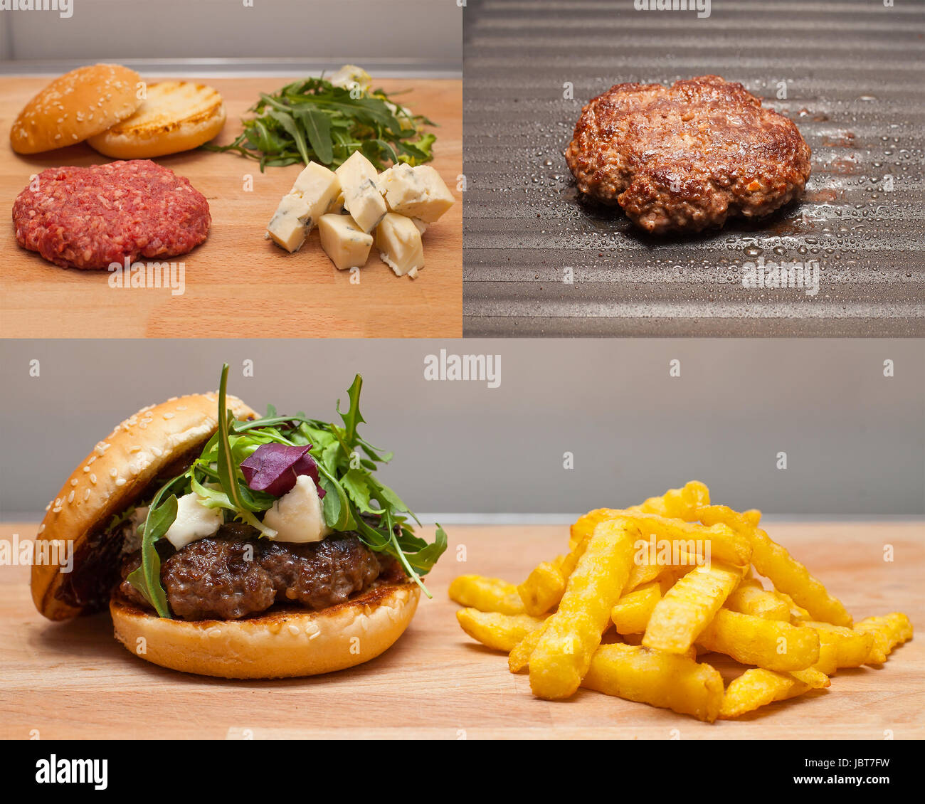 Close up before-after picture of a tasty gorgonzola burger with ruccola ...