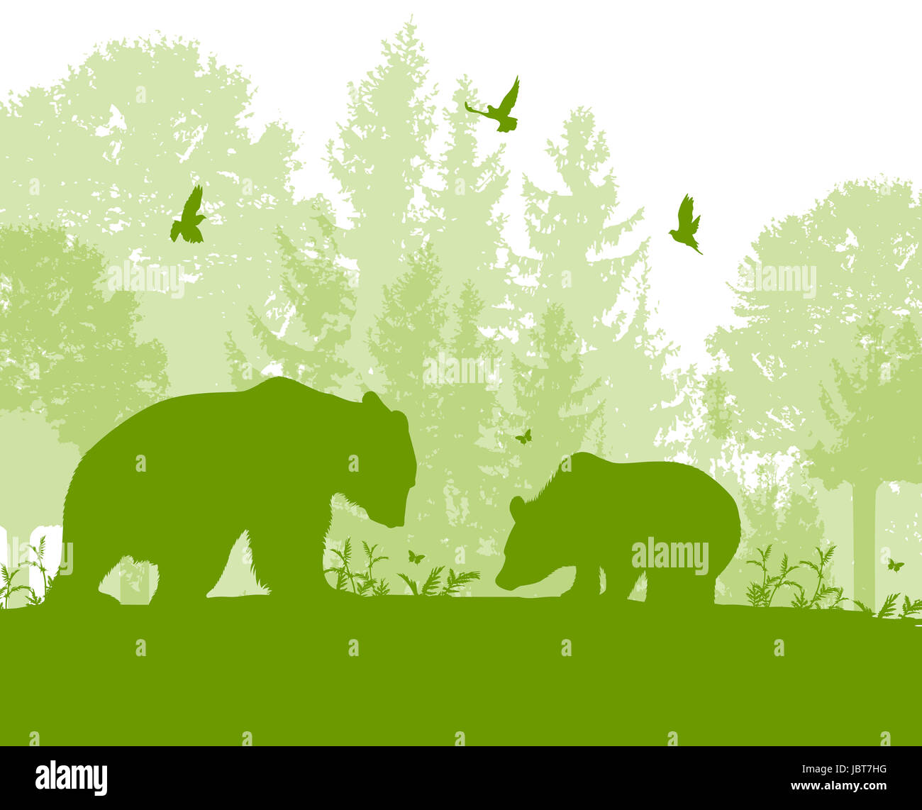Green nature landscape with two bears, tree and birds Stock Photo - Alamy