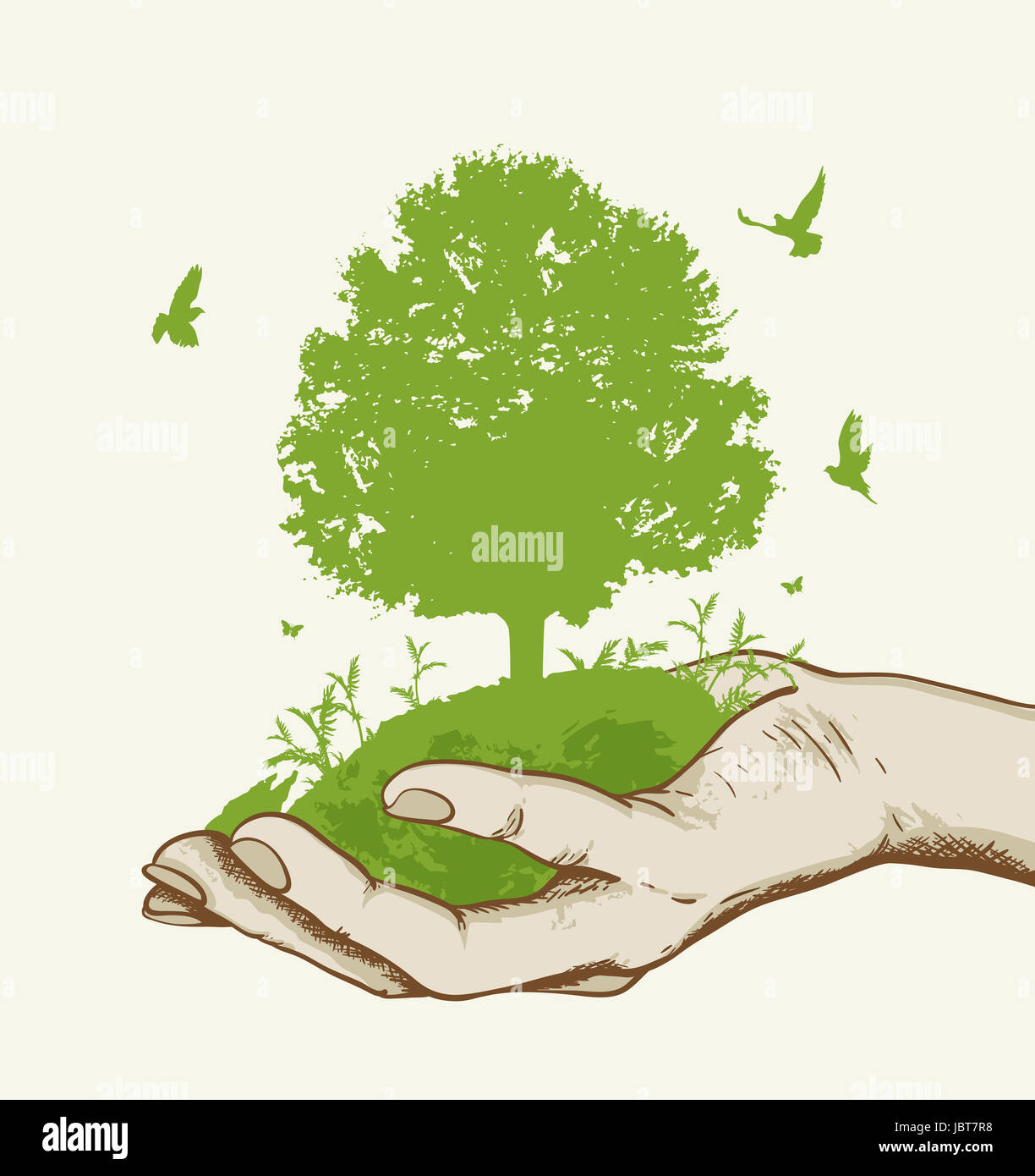 Green tree and birds in the hand. Ecology concept Stock Photo - Alamy