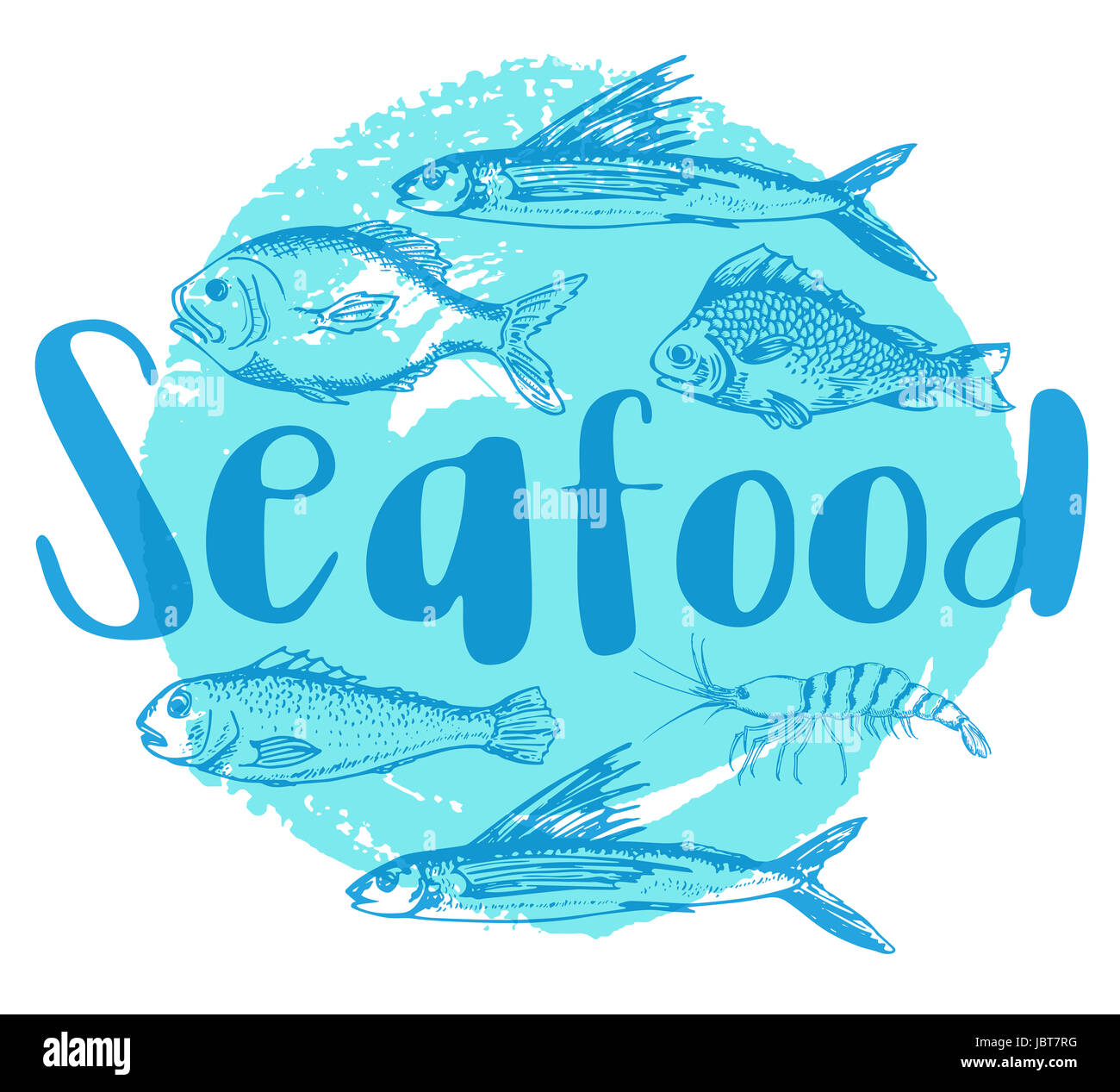 Blue vintage background with shrimp and fish. Seafood lettering Stock ...