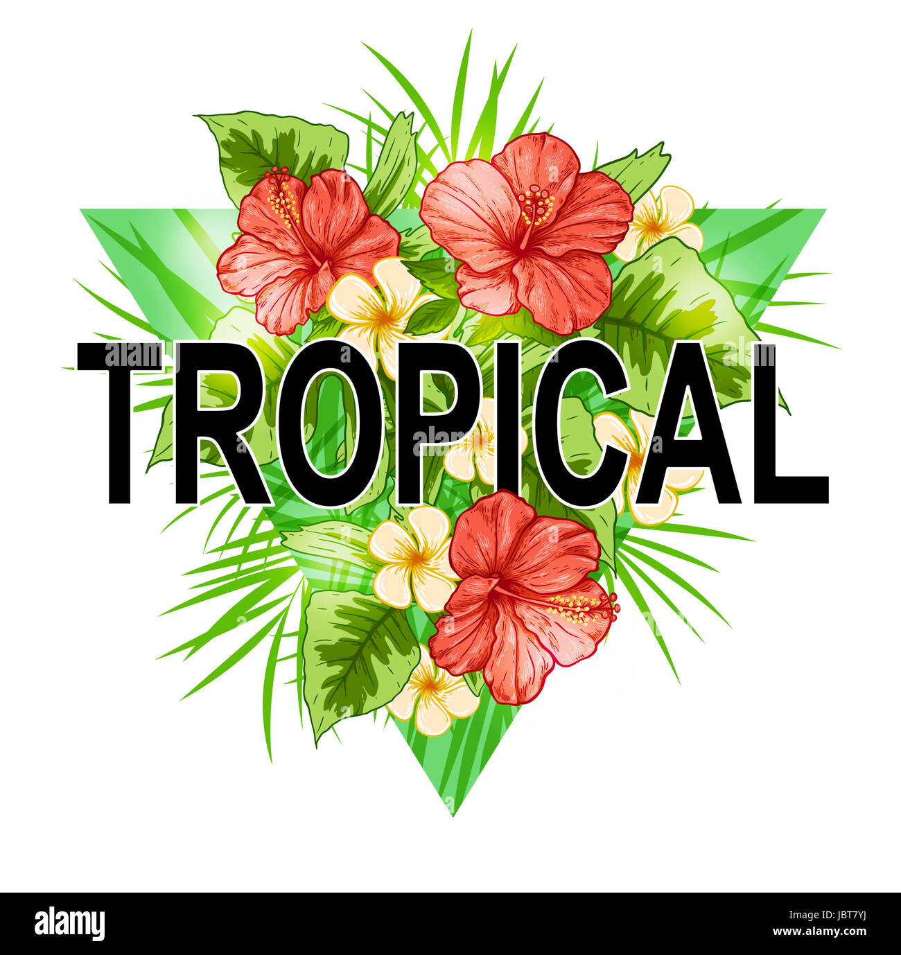 Abstract triangle tropical background with green leaves and red flowers ...