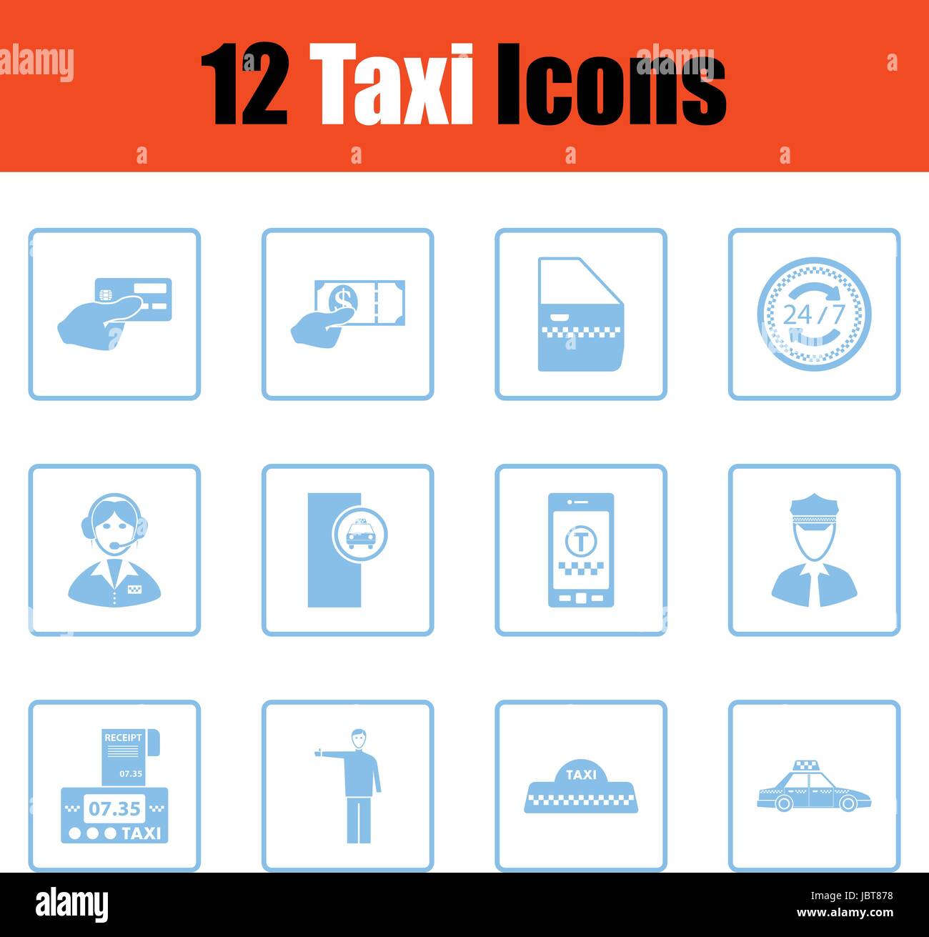 Set of taxy icons. Blue frame design. Vector illustration Stock Vector ...