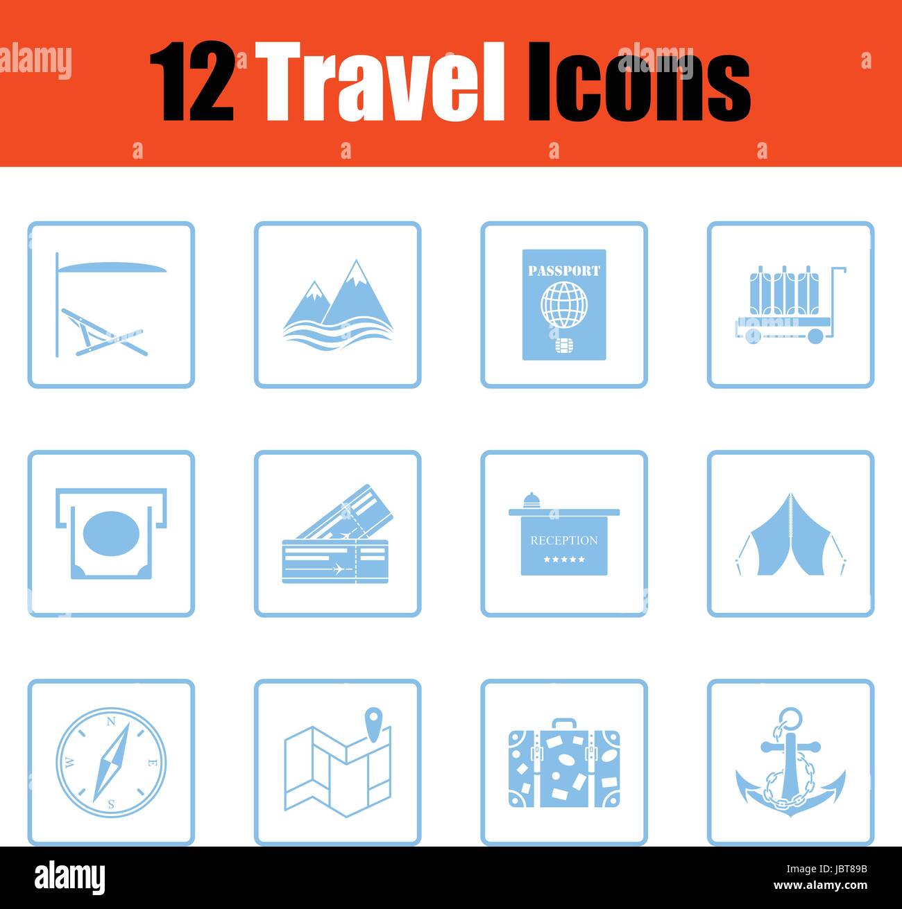 Travel icon set. Blue frame design. Vector illustration Stock Vector ...