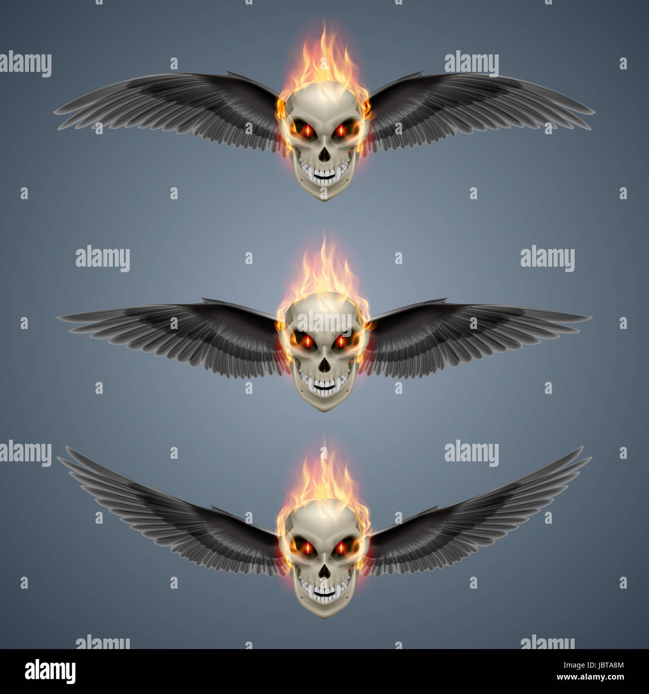 Set of mutant skulls with orange flame and black wings Stock Photo - Alamy