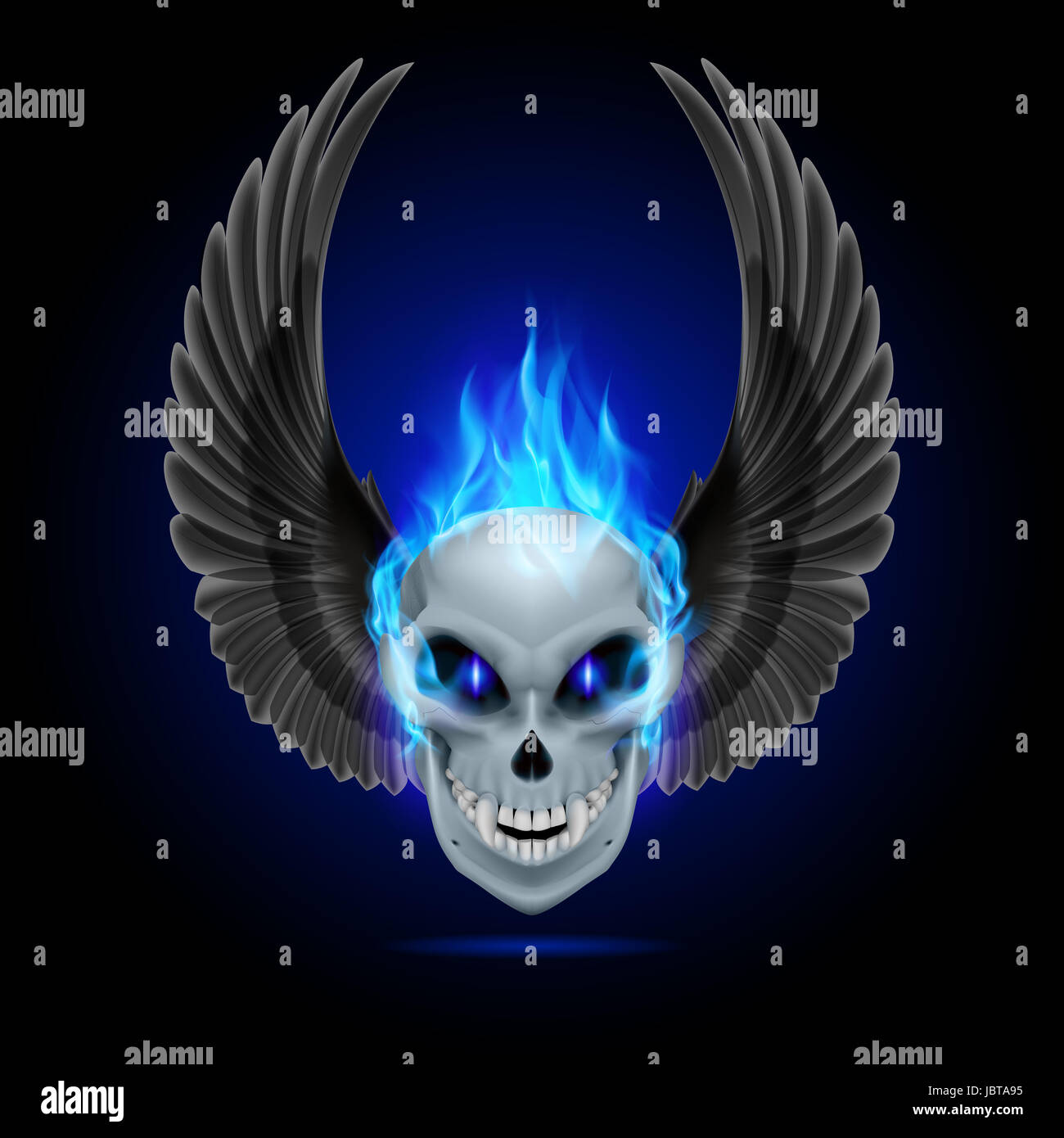 Mutant skull with blue flame and raised wings Stock Photo - Alamy