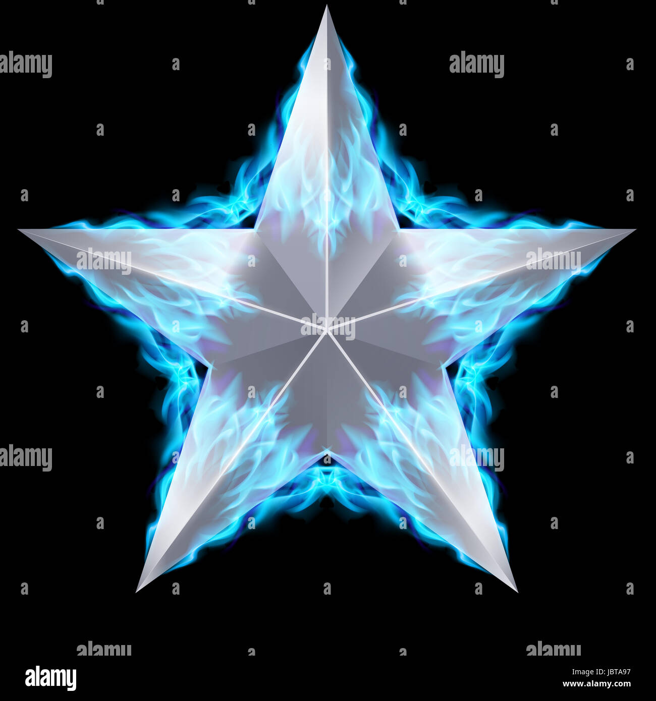 Silver five-pointed star surrounded by blue fire on black background ...