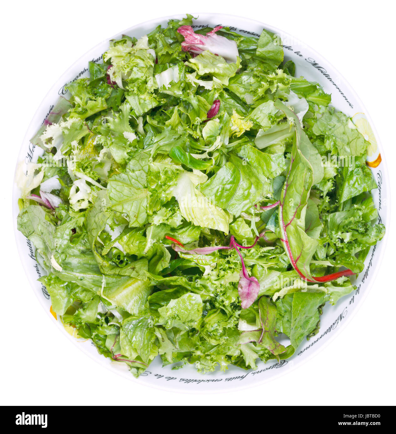 top view of fresh italian lettuce mix in bowl isolated on white ...