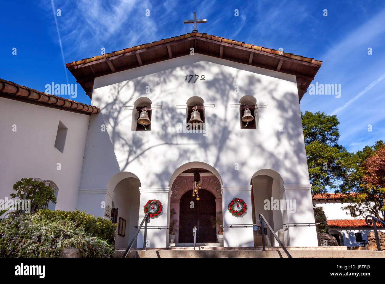 Mission San Luis Obispo de Tolosa Facade Cross Bells Christmas Wreaths ...
