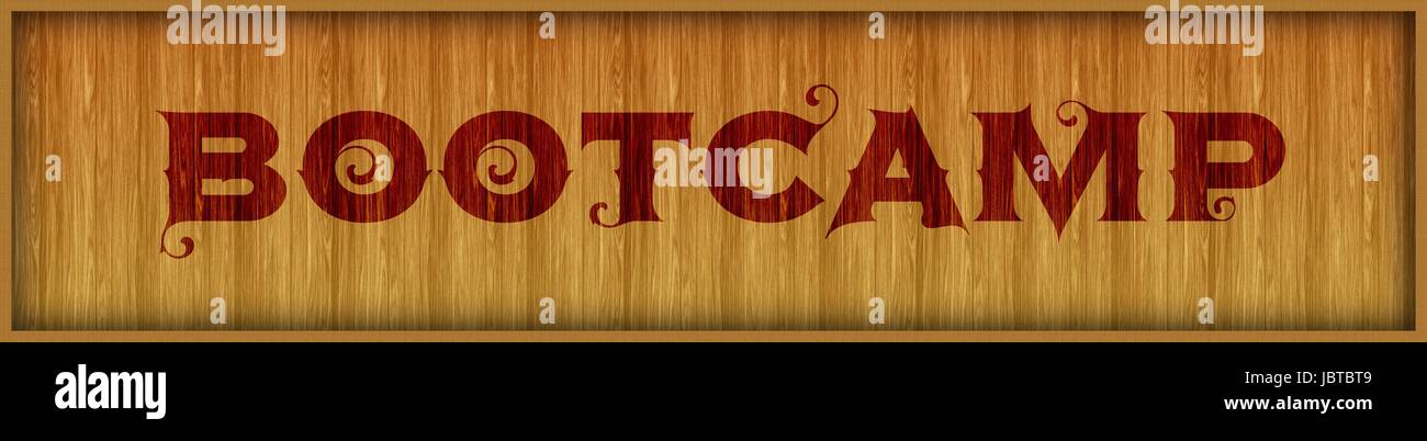 Vintage font text BOOTCAMP on square wood panel background ...