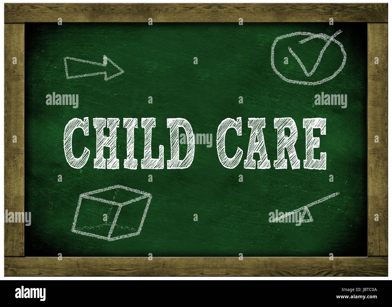 Wood frame green chalkboard with CHILD CARE message handwritten in ...