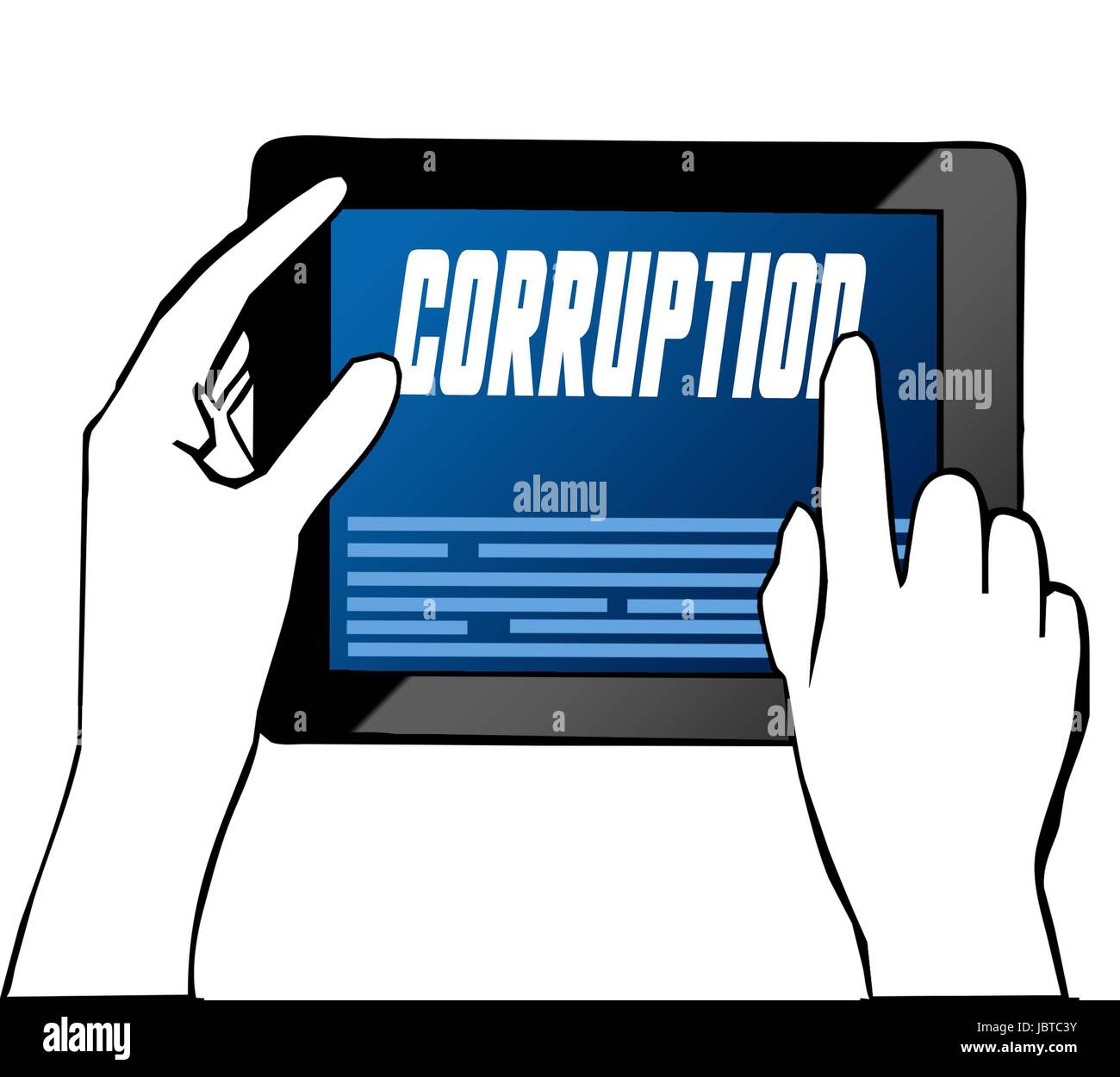 Hand pointing at CORRUPTION text on tablet. Illustration. Graphic ...