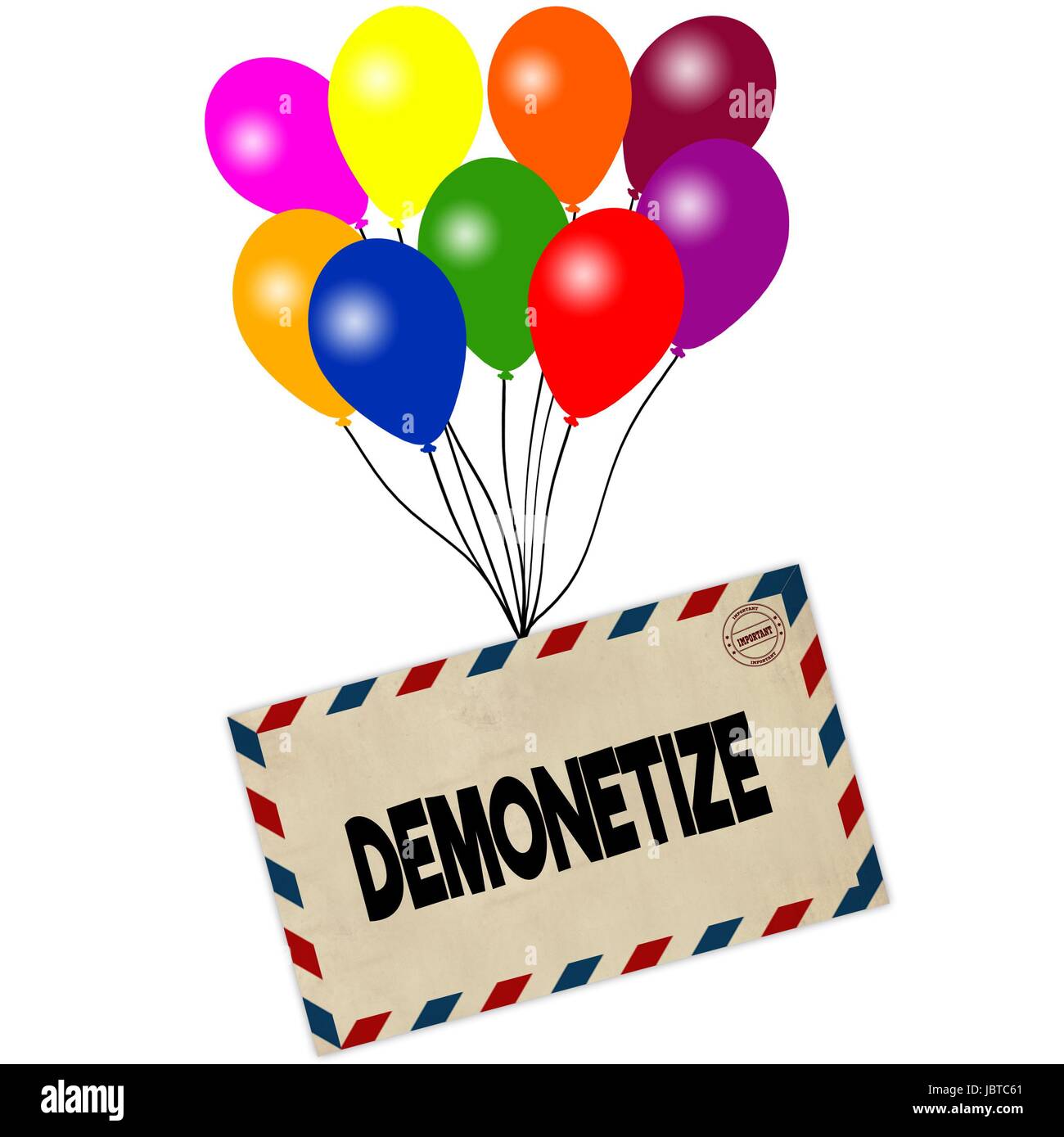 DEMONETIZE on envelope pulled by coloured balloons isolated on white ...