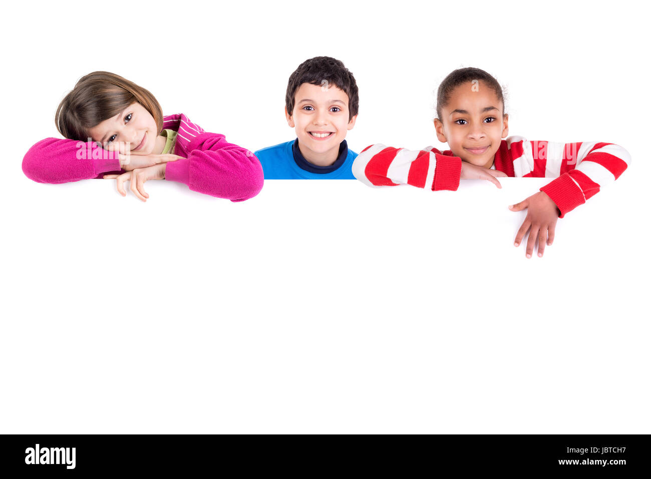 Group of children with a white board isolated in white Stock Photo - Alamy