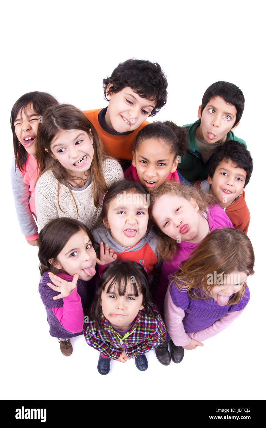 Group of children making funny faces isolated in white Stock Photo - Alamy