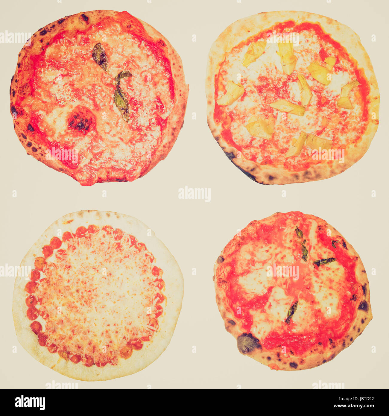 Vintage retro looking Many types of vegetarian pizzas including Italian ...