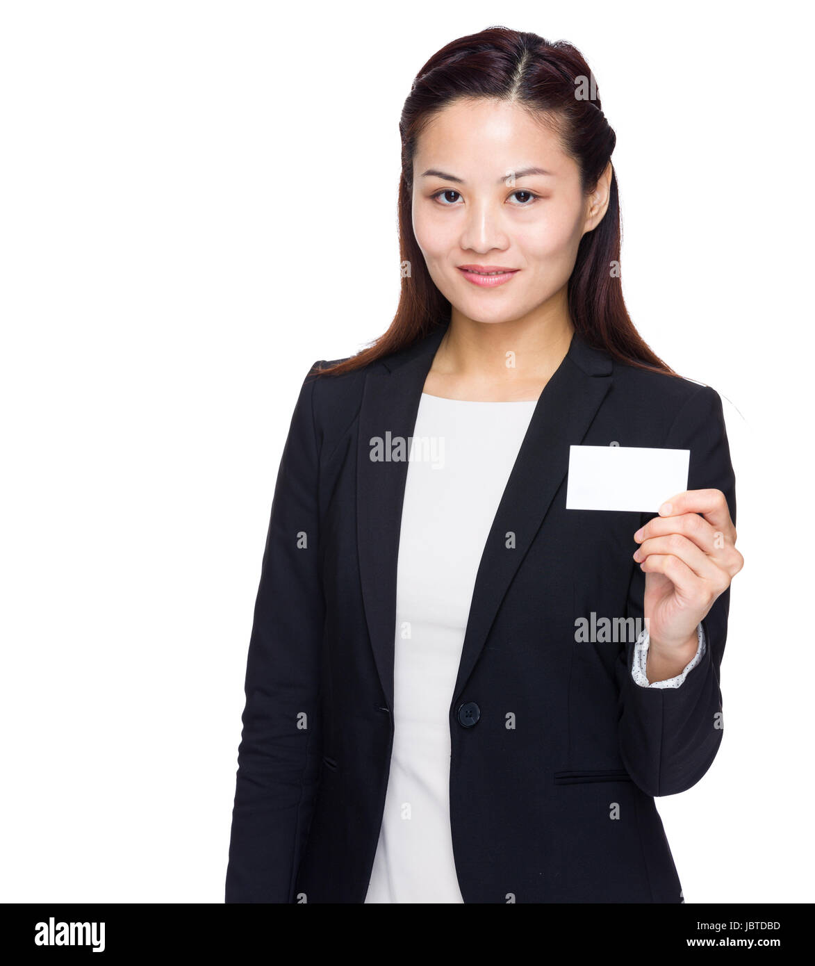 Businesswoman show name card Stock Photo - Alamy