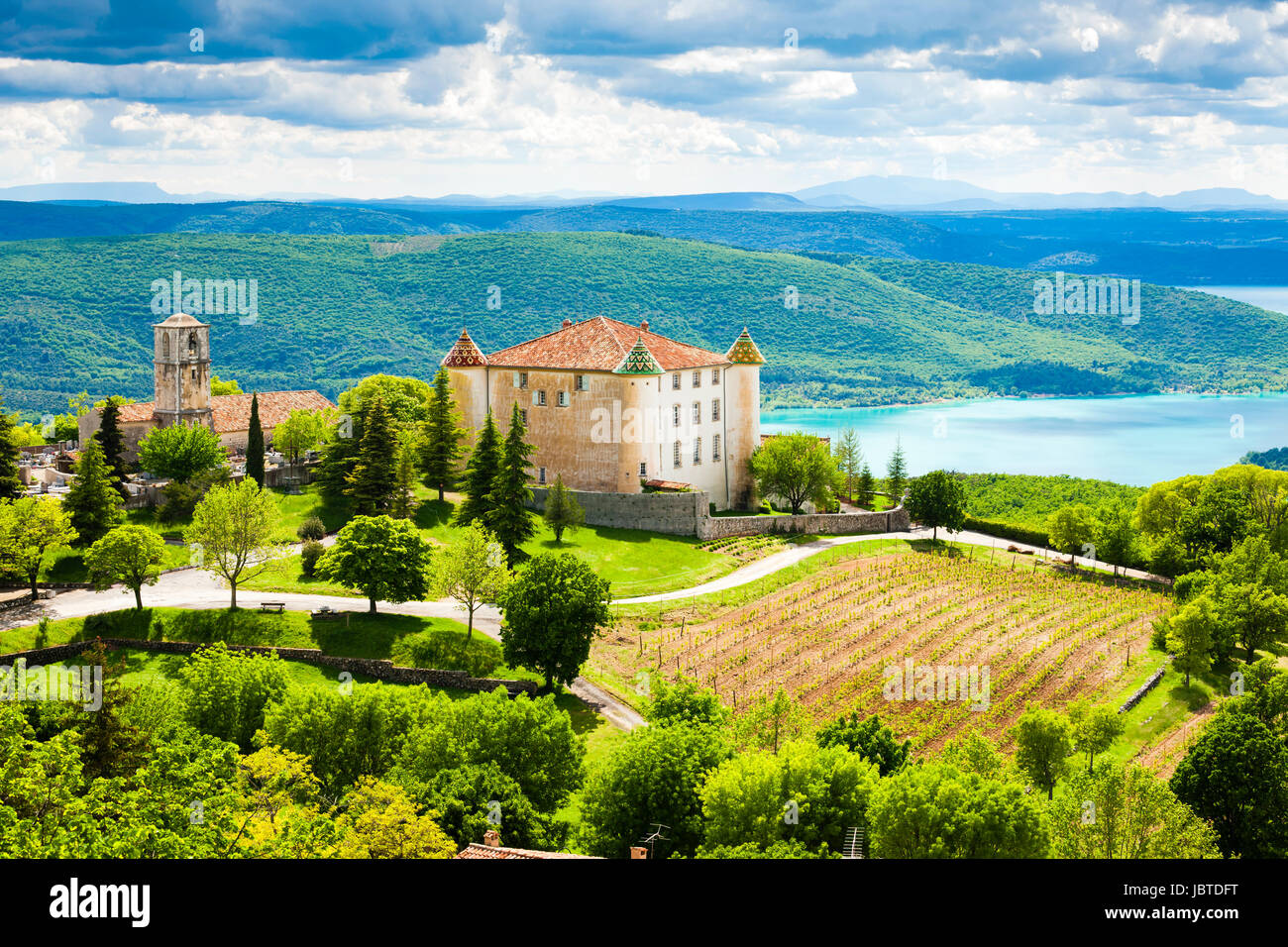 chateau and church in Aiguines and St Croix Lake at background, Var ...