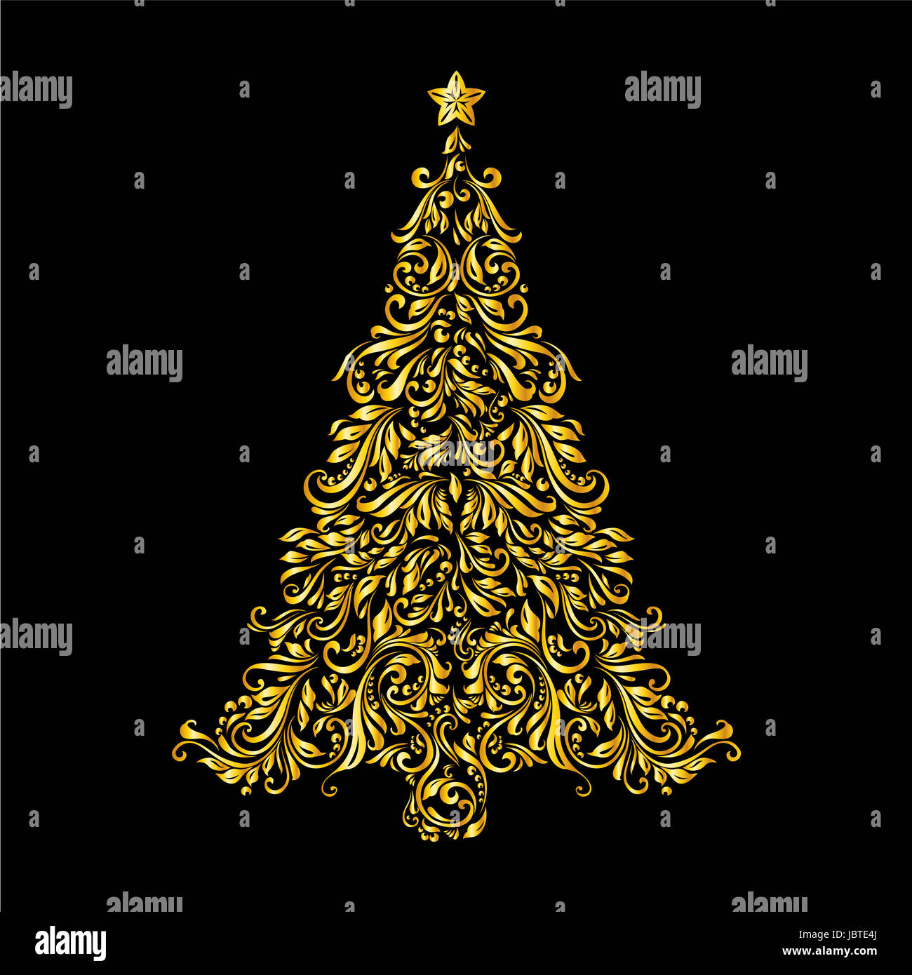 Golden Christmas tree of ornate floral pattern over black background ...