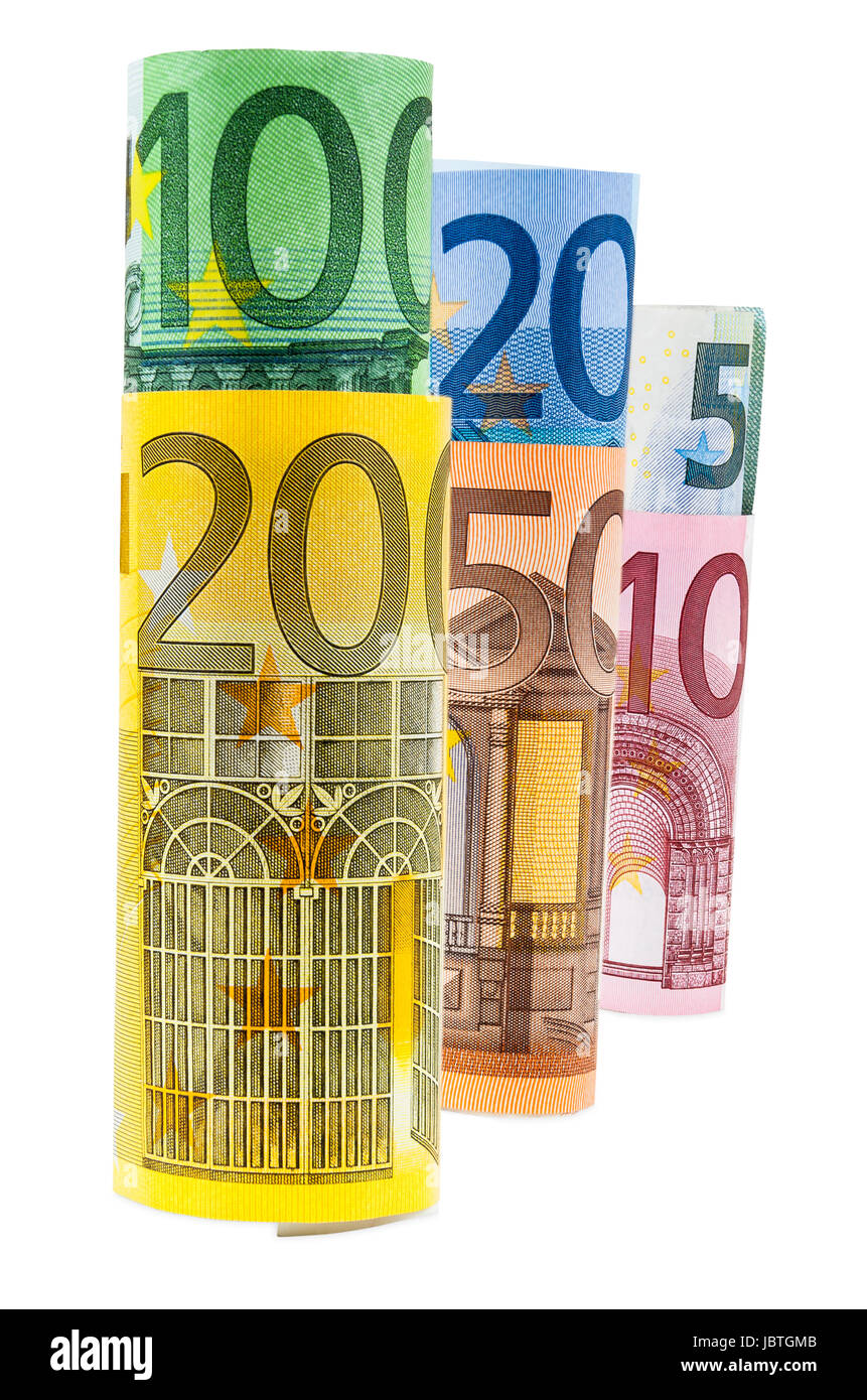 Set of rolled euro banknotes isolated on white background with clipping ...