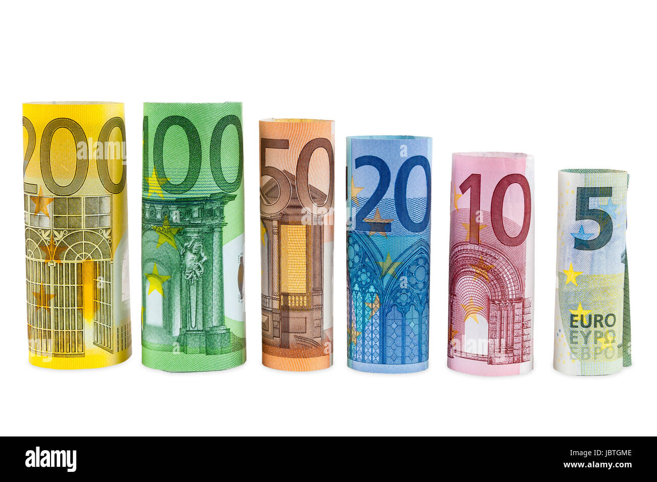 Set of rolled euro banknotes isolated on white background with clipping ...