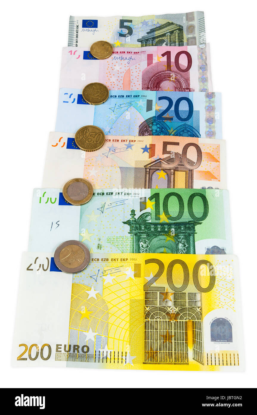 Set of euro banknotes and coins isolated on white background with ...