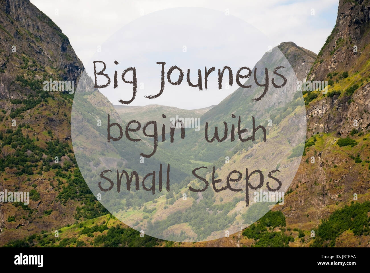 Valley And Mountain, Norway, Quote Big Journeys Begin Small Steps Stock ...
