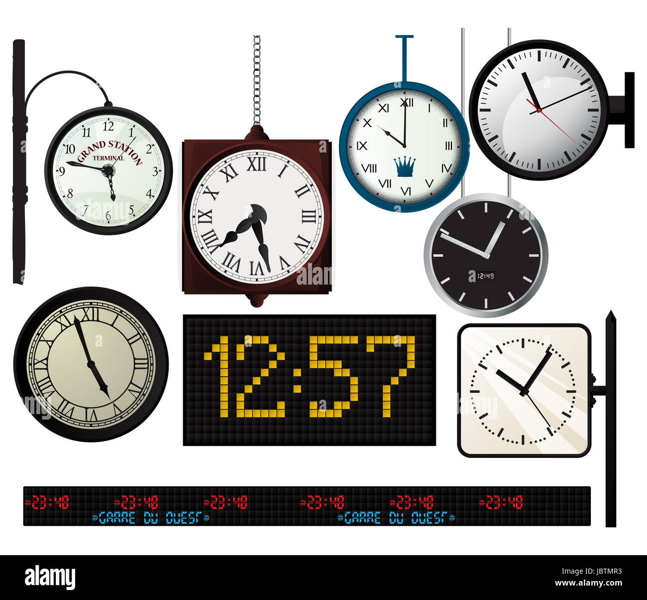 Train, metro station, watches collection over white background Stock ...